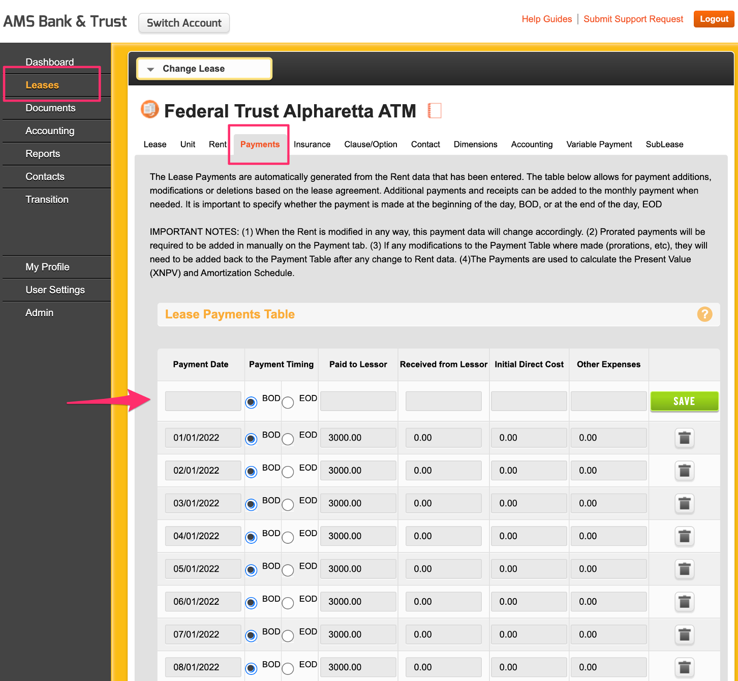 How do I add a new lease with initial payments after transitioning to ...