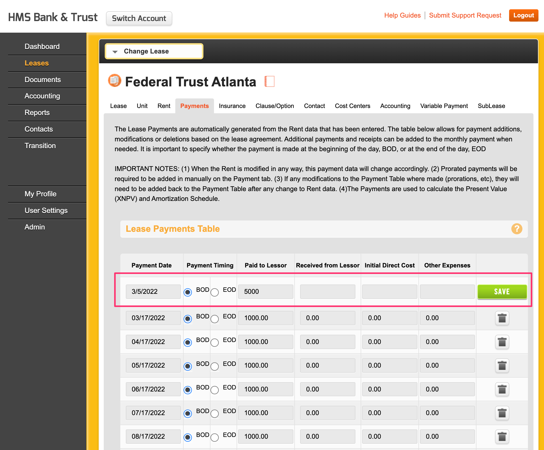 Account for a rent pre-payment to post transition leases – iLeasePro