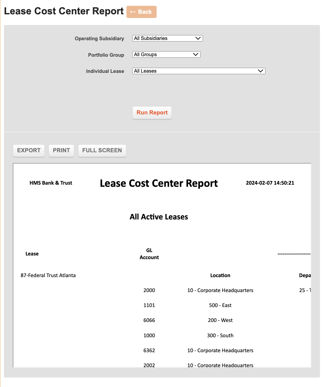 Lease Cost Center Report – iLeasePro