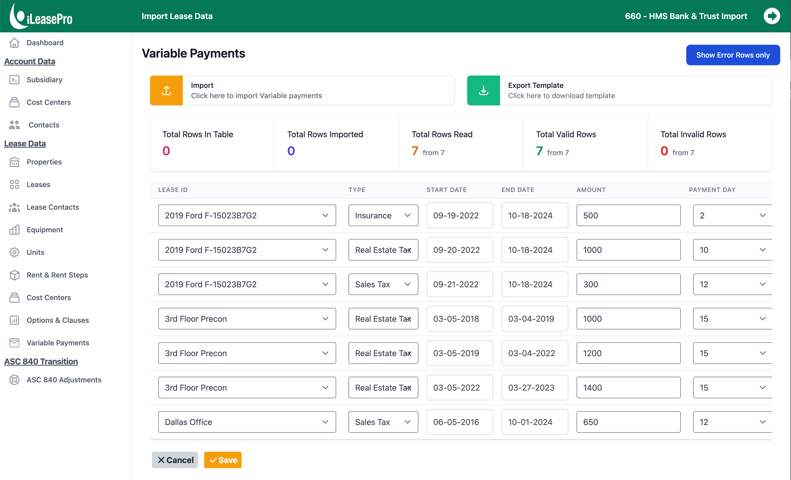 Importing Variable Payments – iLeasePro